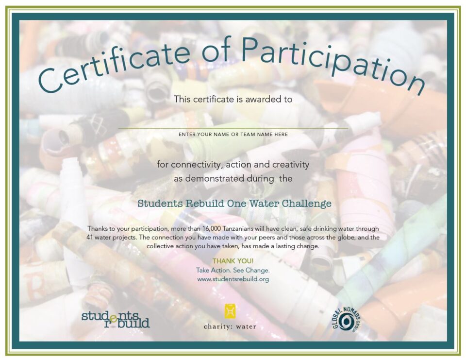 Water Challenge - Certificate of Participation | Students Rebuild