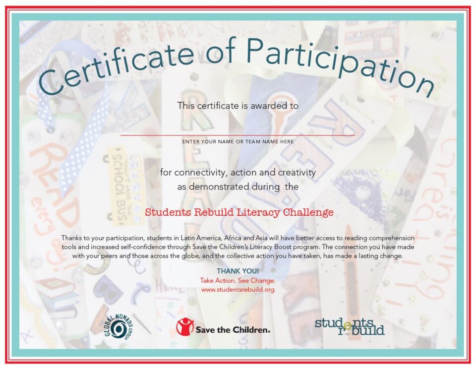 Literacy Challenge – Participation Certificate | Students Rebuild