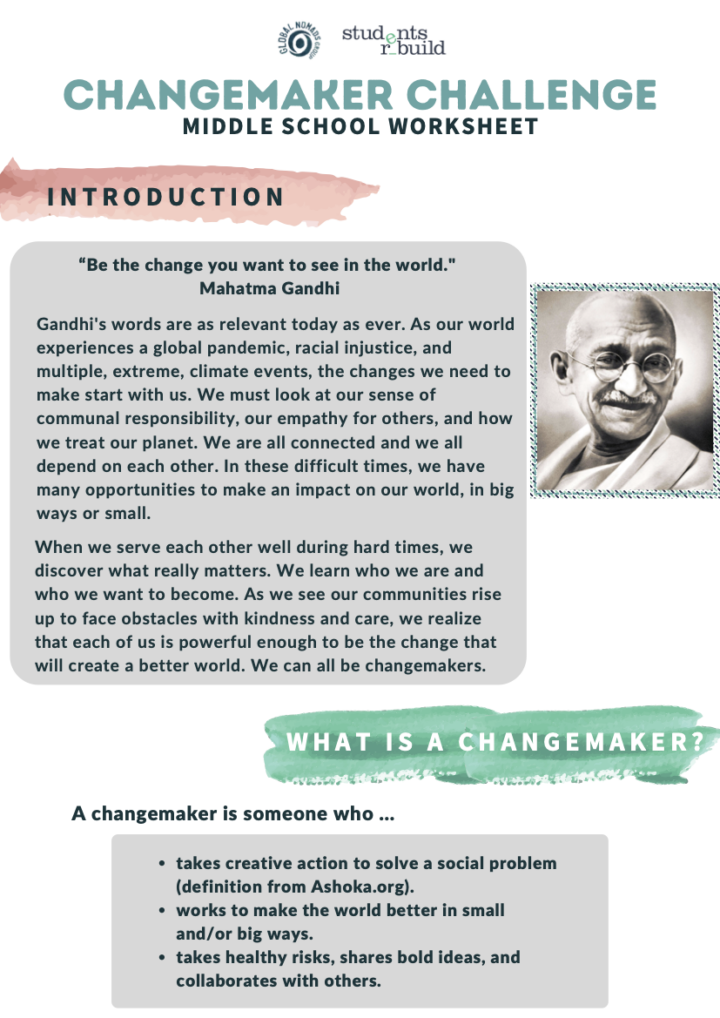 Changemaker Challenge – Changemaker Worksheet: Middle School | Students ...