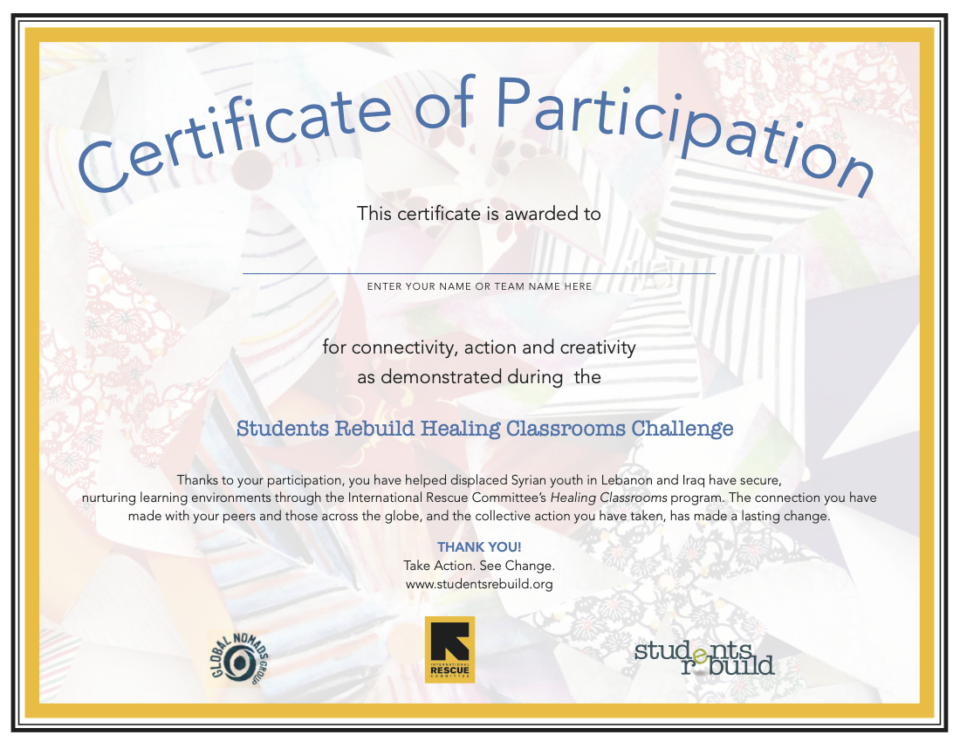 Healing Classrooms Challenge - Participation Certificate | Students Rebuild