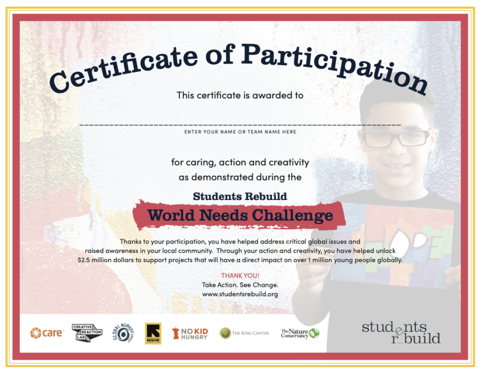 World Needs Challenge - Participation Certificate | Students Rebuild
