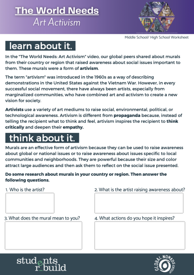 World Needs Challenge - Art Activism Worksheet (Middle/High School ...