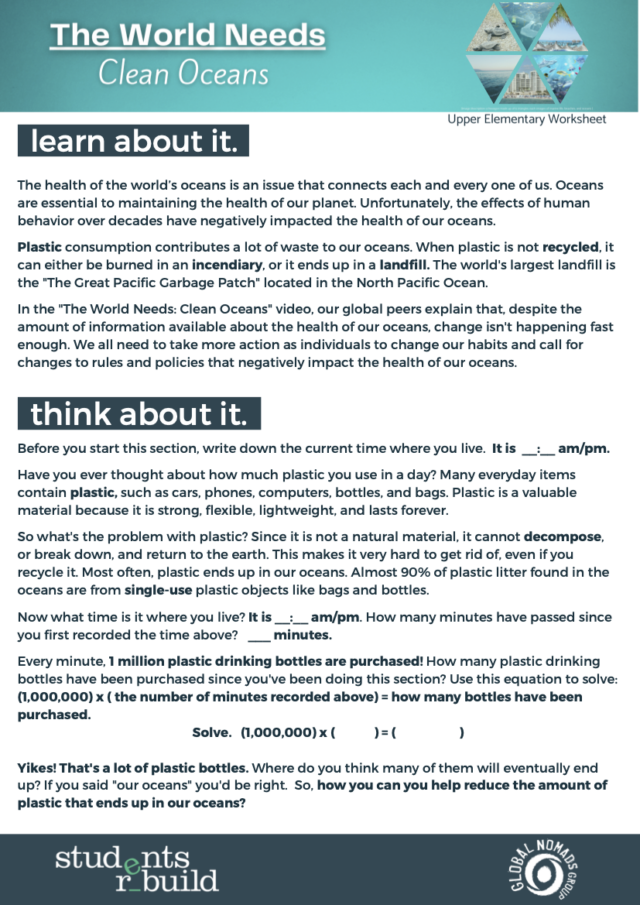 World Needs Challenge - Clean Oceans Worksheet (Elementary) | Students ...
