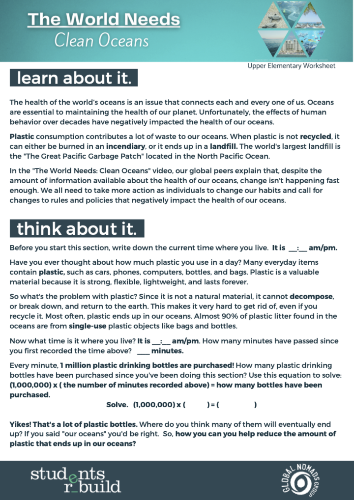 World Needs Challenge - Clean Oceans Worksheet (Elementary) | Students ...