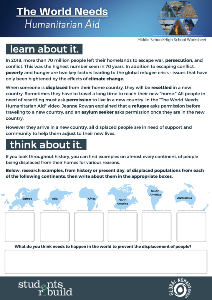 World Needs Challenge - Humanitarian Aide Worksheet (Middle/High School ...