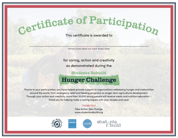 Hunger Challenge - Participation Certificate | Students Rebuild