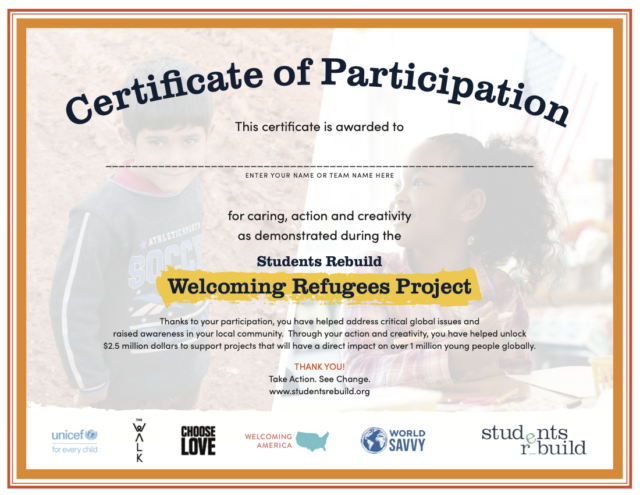 Welcoming Refugee Project - Participation Certificate | Students Rebuild