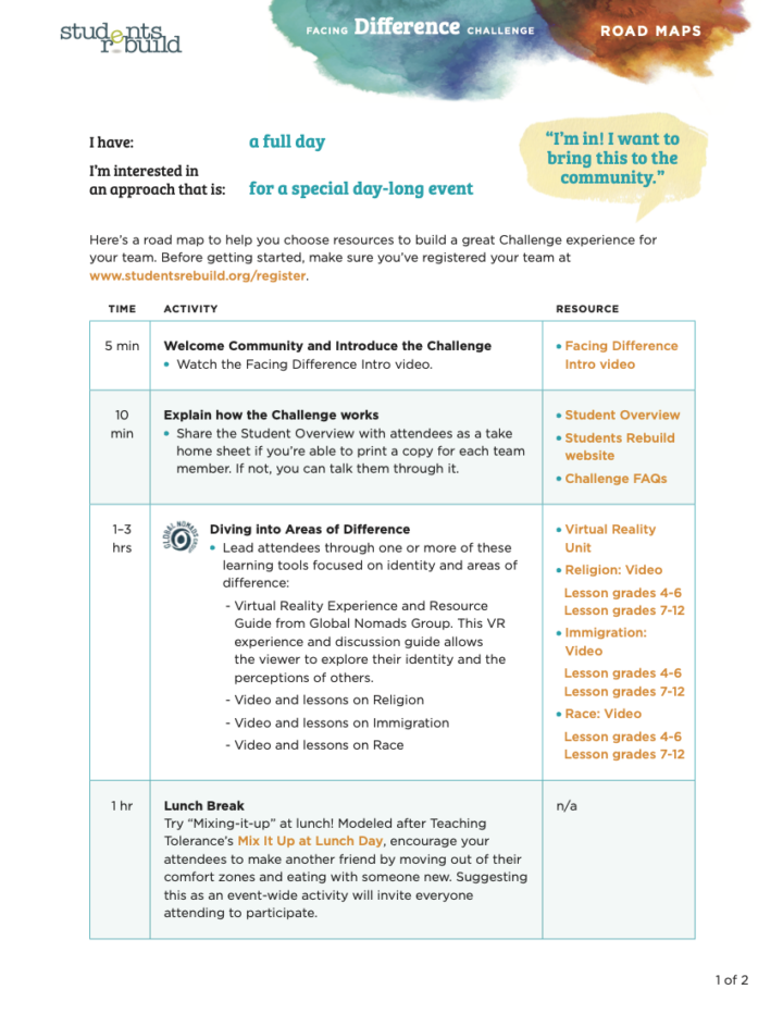 Facing Difference Challenge - Teaching Guide (Full Day) | Students Rebuild