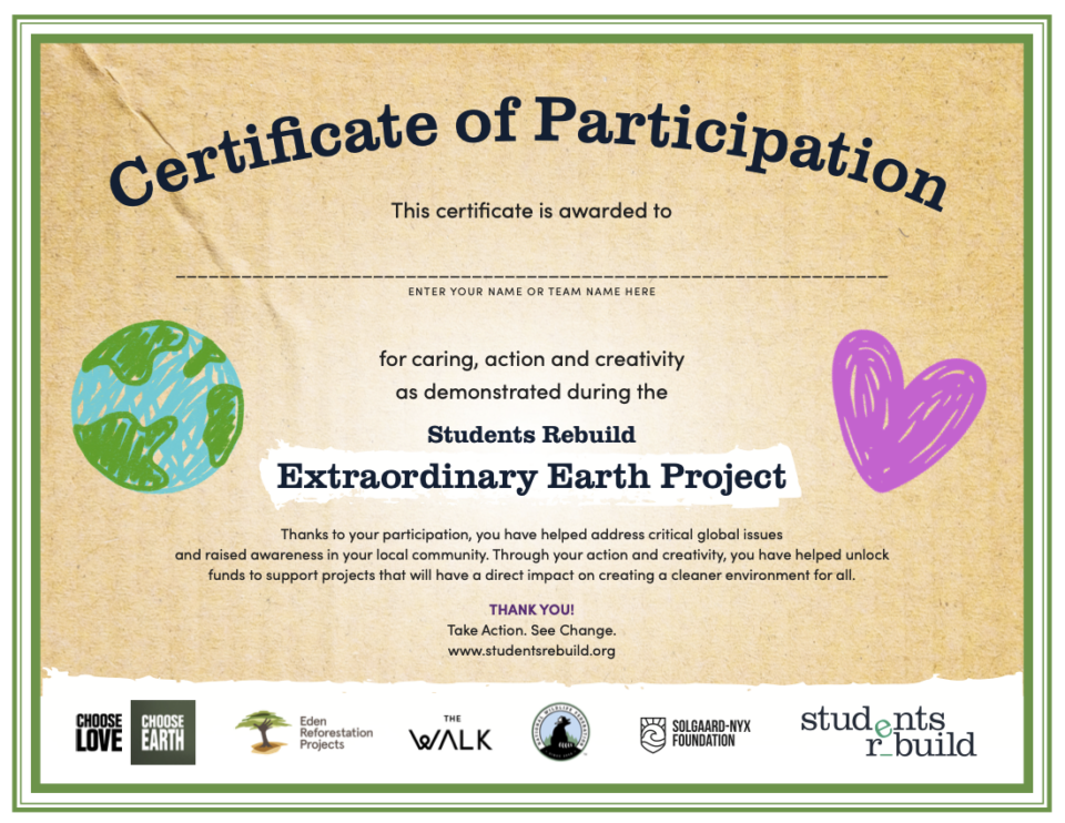 Extraordinary Earth Project – Participation Certificate | Students Rebuild